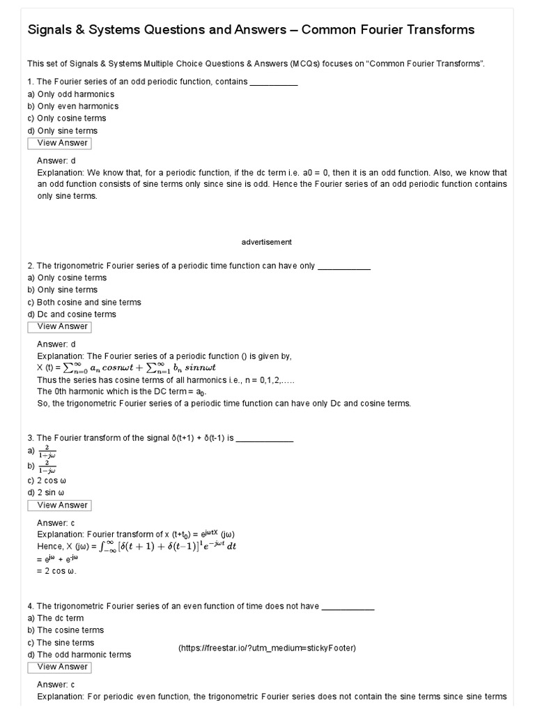 Unit 3 Common Fourier Transforms Questions and Answers - Sanfoundry PDF ...