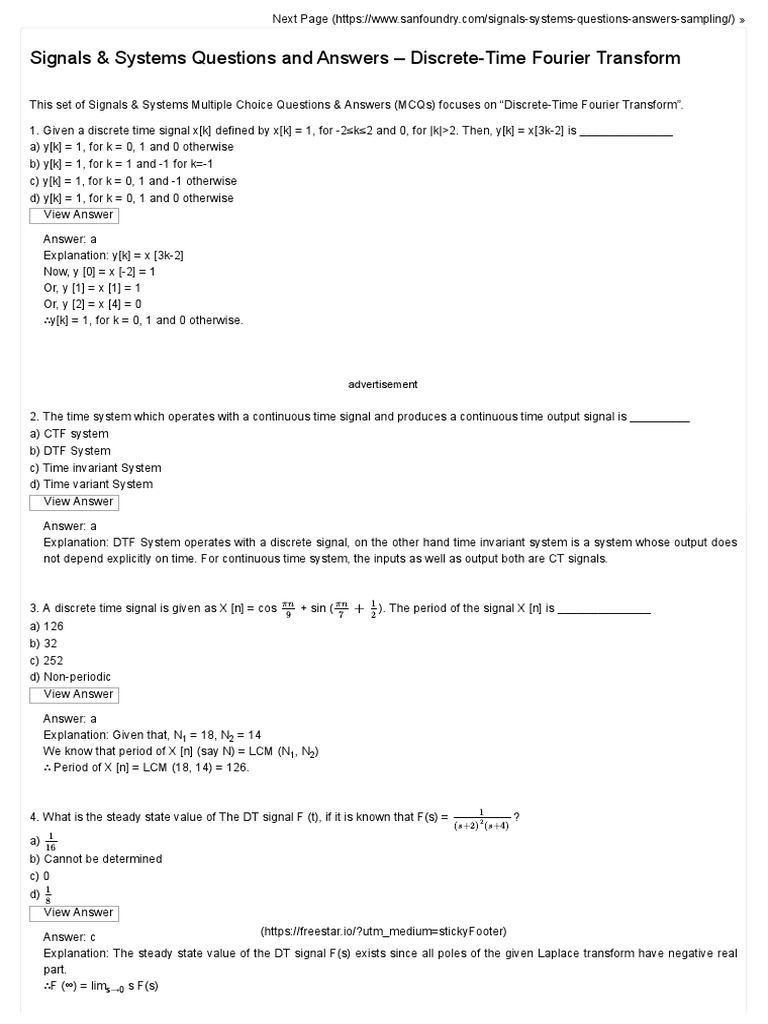 Unit 3 Discrete Time Fourier Transform Questions and Answers - Sanfoundry PDF | PDF | Discrete ...