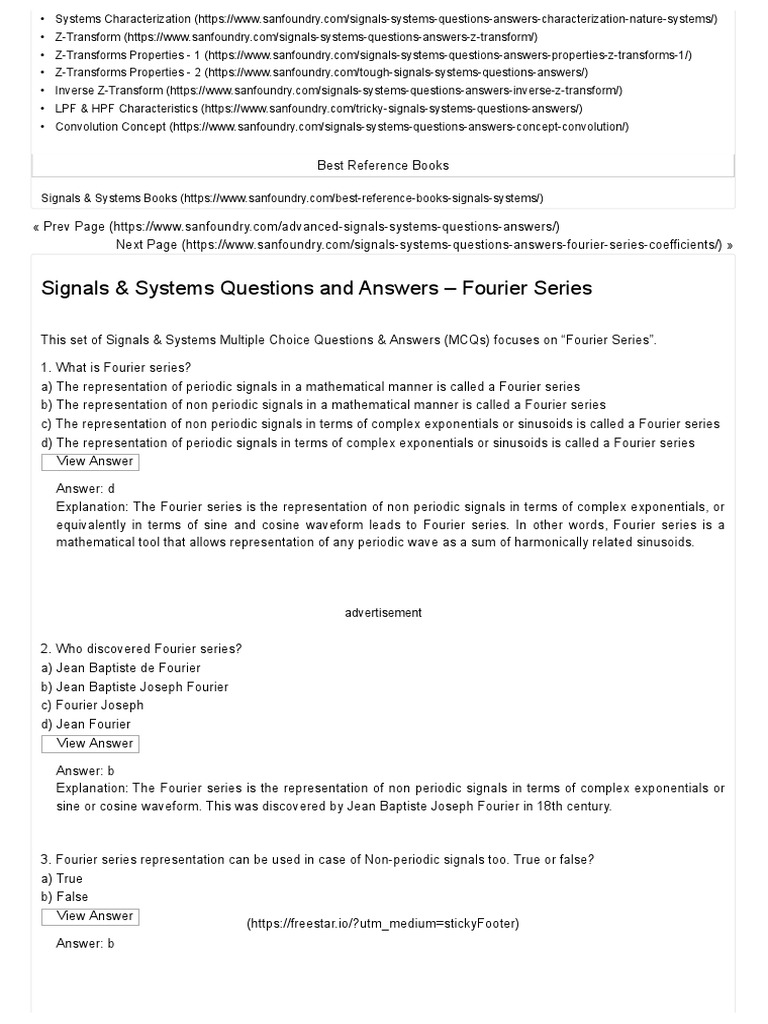 Unit 3 Fourier Series - Signals & Systems Questions and Answers - Sanfoundry PDF | PDF | Fourier ...