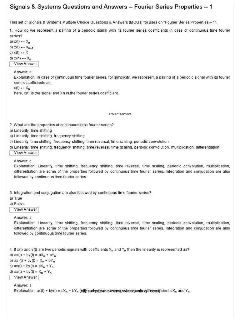 Unit 3 Fourier Series Properties Questions and Answers - Sanfoundry PDF ...