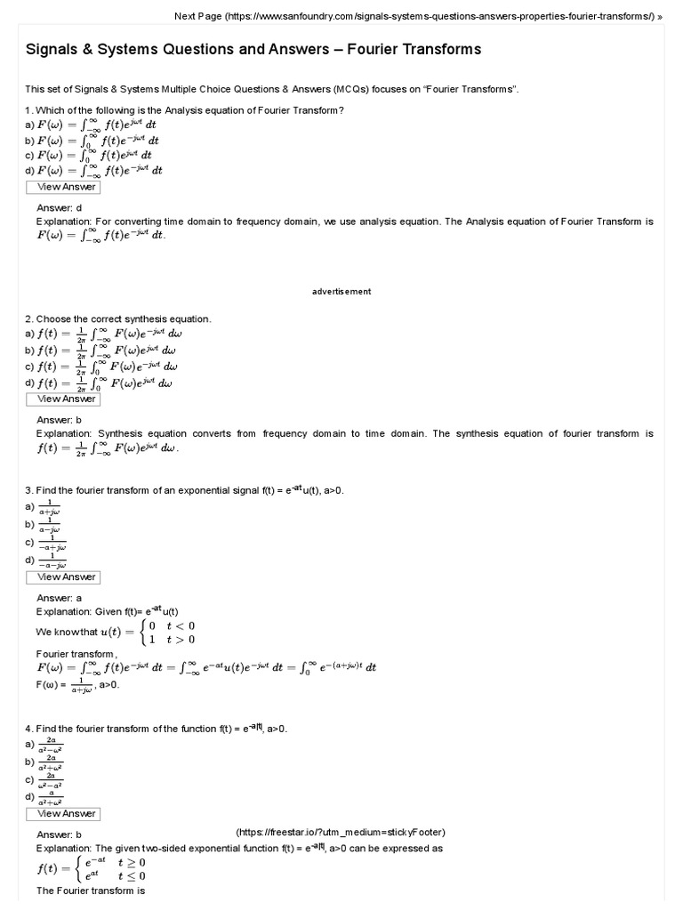 Unit 3 Fourier Transforms Questions and Answers - Sanfoundry PDF | PDF ...