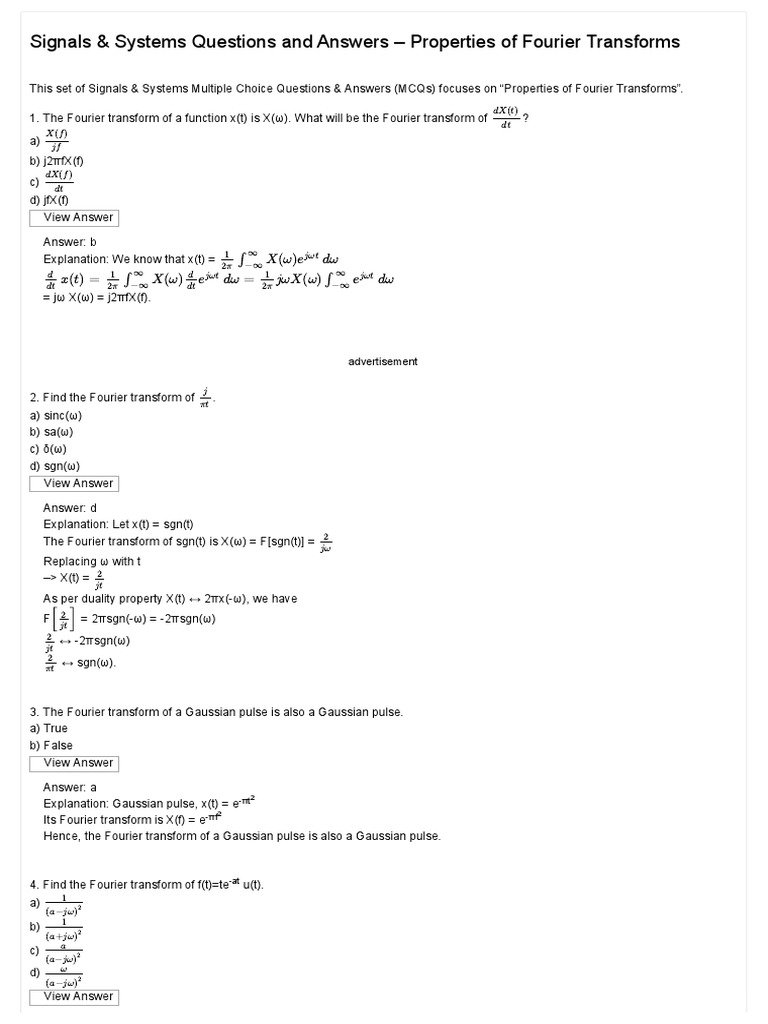 Unit 3 Fourier Transforms Properties Questions and Answers - Sanfoundry PDF | PDF | Electronics ...