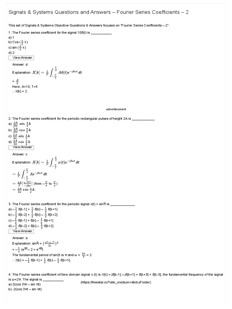 Unit 3 Signals & Systems Objective Questions and Answers - Sanfoundry PDF | PDF | Fourier ...