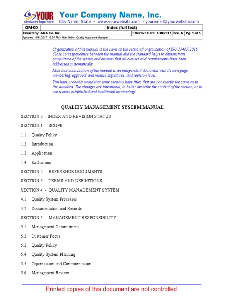 Quality Management System Manual: QM-00 Index (Full Text) | PDF ...