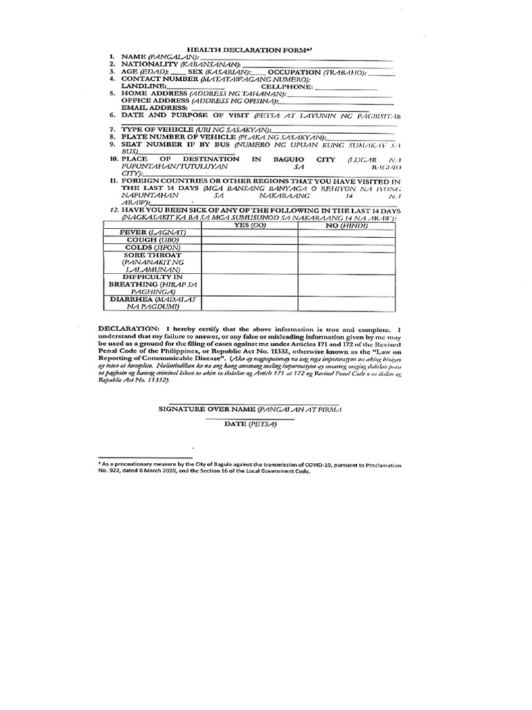 Health Declaration Form PDF | PDF