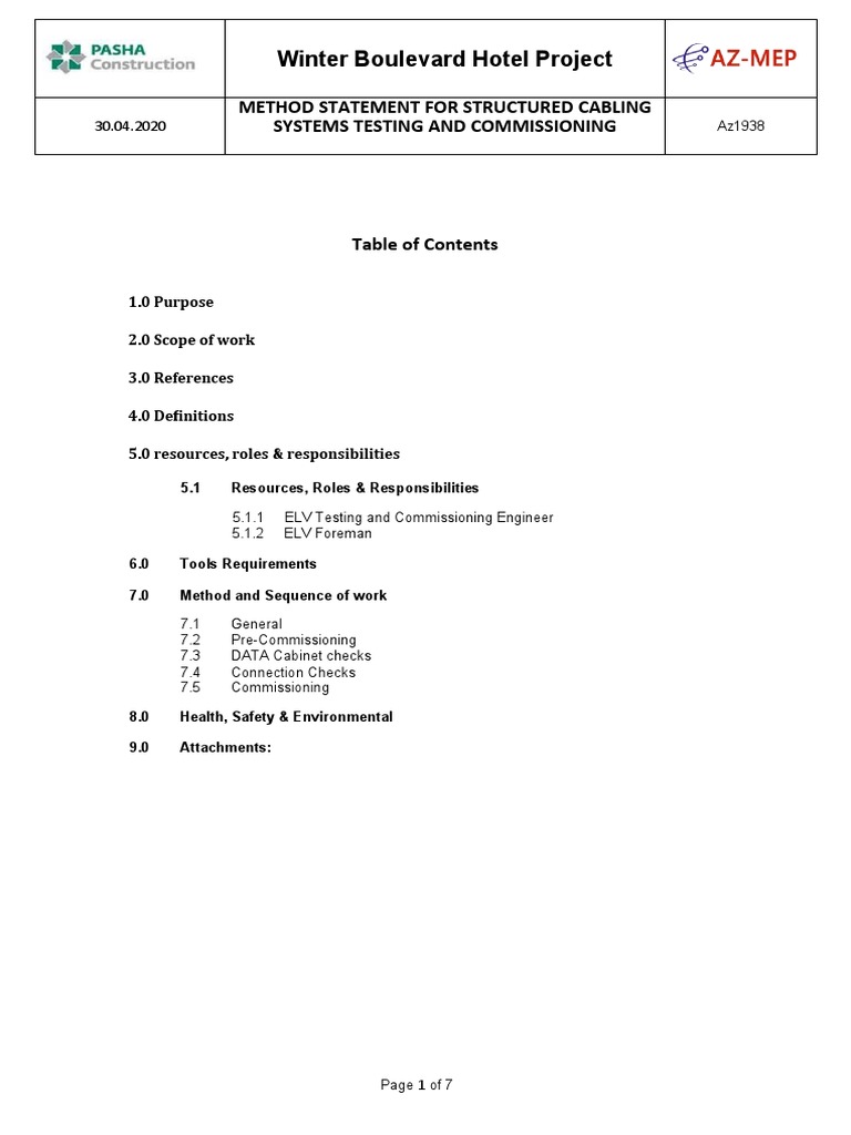 Structured Cabling Testing Method Statement | PDF | Ladder | Personal ...