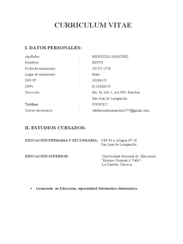 CV de Edith IE 2017 | PDF | Cognición | Modificación de comportamiento