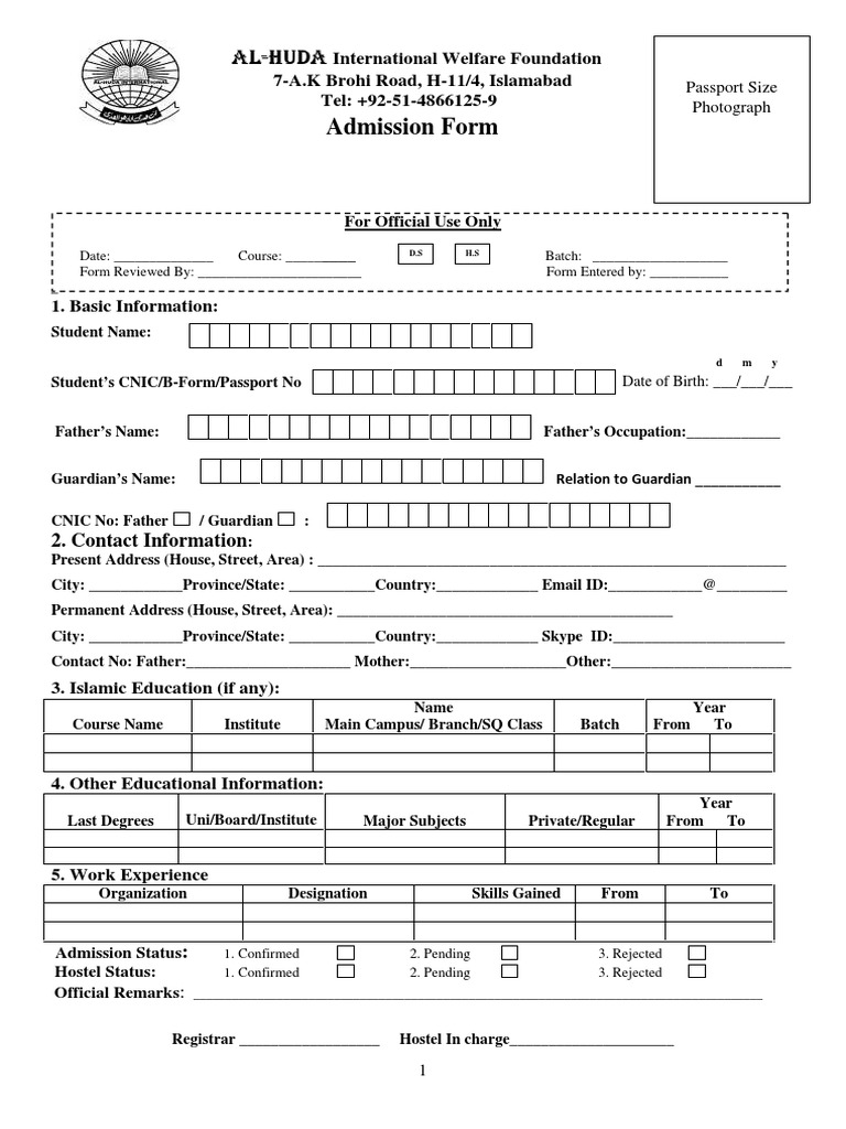 Admission Form: Al-Huda | PDF | Learning
