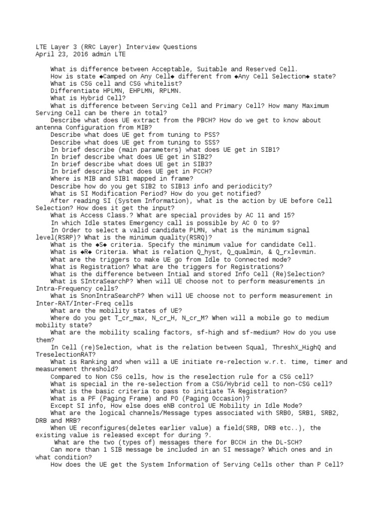 LTE Layer 3 (RRC Layer) Interview Questions | PDF | Digital Technology | Computer Data