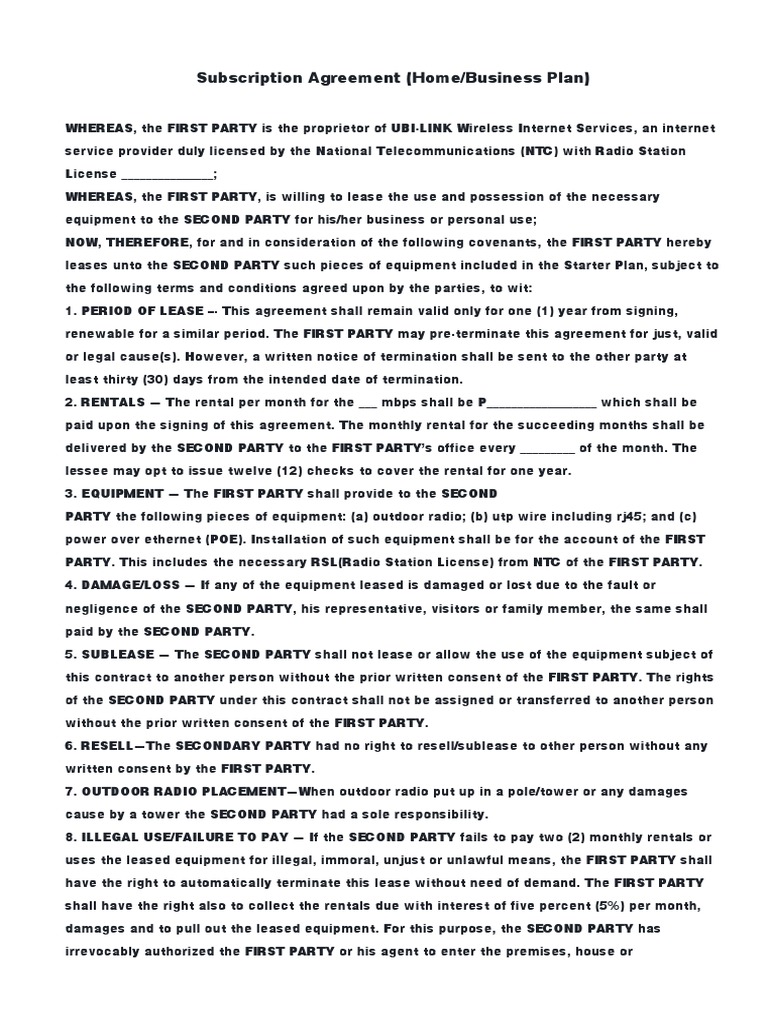 Subscription Agreement | PDF | Lease | Law Of Obligations