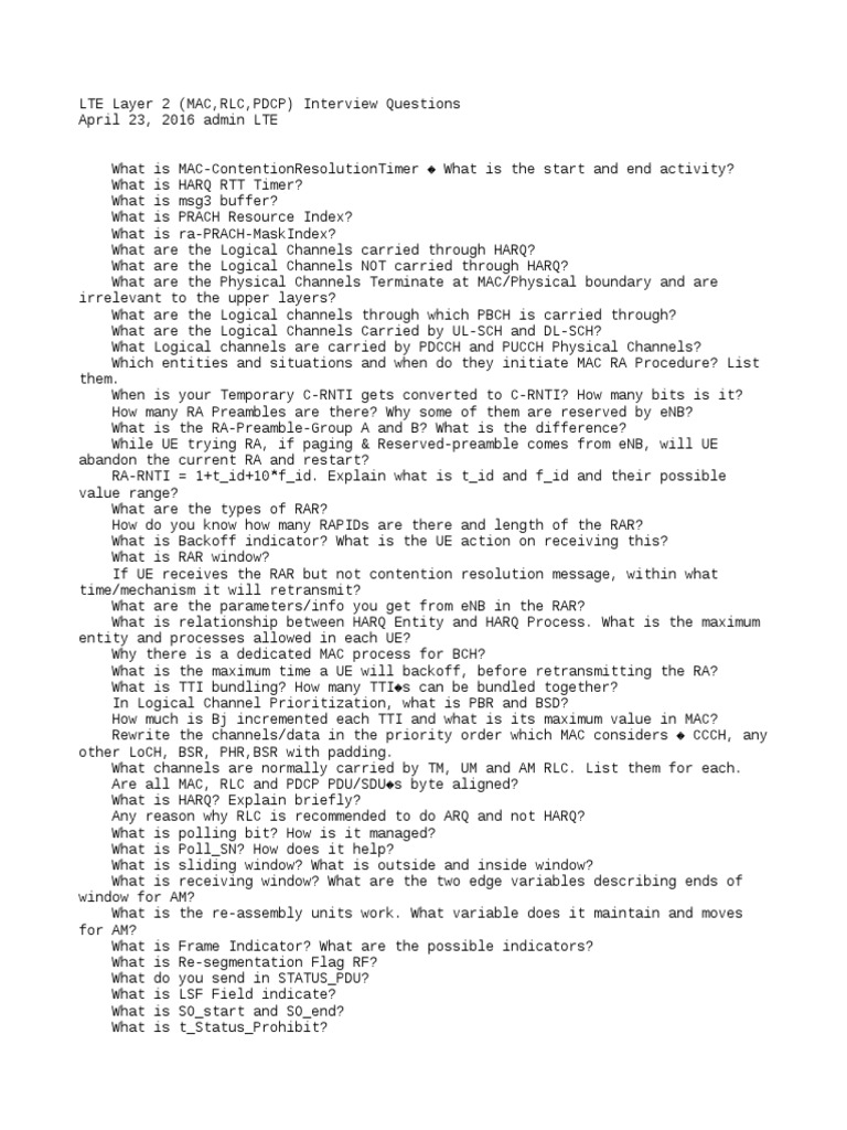 LTE Layer 4 (MAC, RLC, PDCP) Interview Questions | PDF | Digital ...