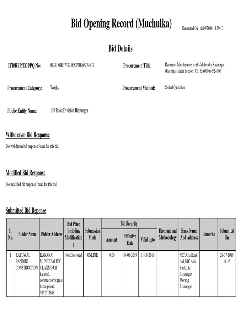 Bid Opening Record (Muchulka) | PDF | Business