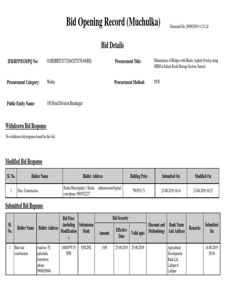 Bid Opening Record (Muchulka) | PDF | Business