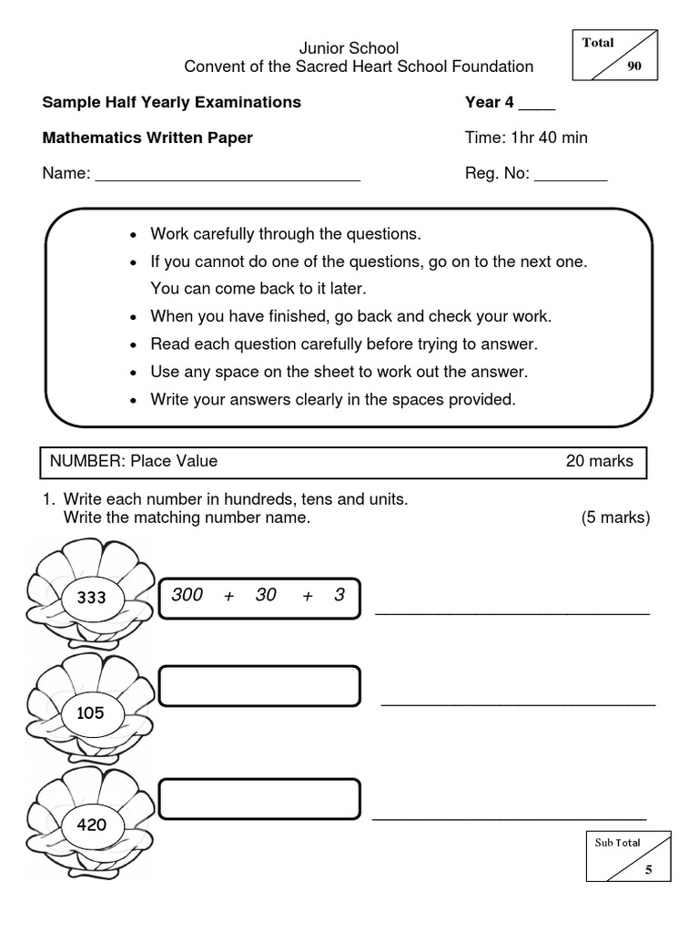 Sample Half Yearly Examinations Year 4 - Mathematics Written Paper ...
