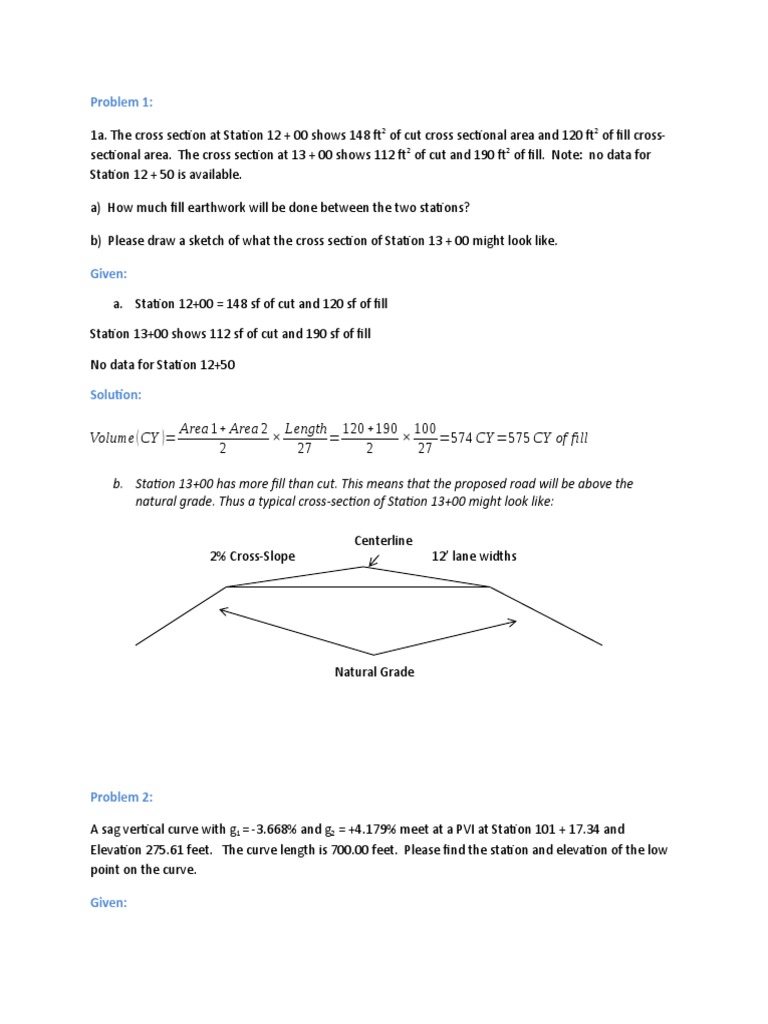 Earthwork and Vertical Curve Example Problems | PDF | Area | Geometry
