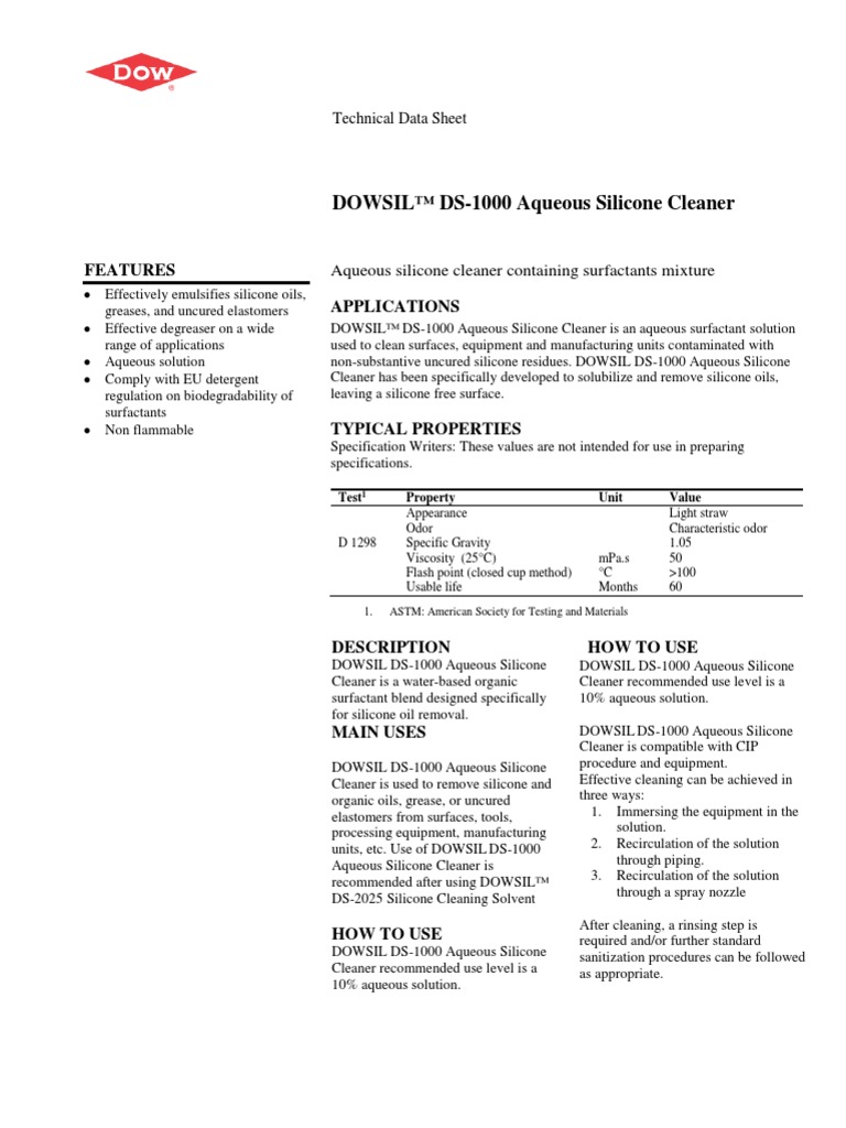 DOWSIL™ DS-1000 Aqueous Silicone Cleaner: Features Applications | PDF ...