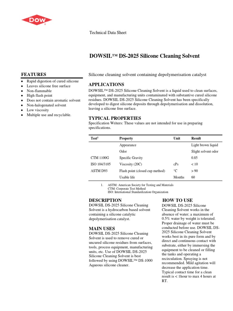 DOWSIL™ DS-2025 Silicone Cleaning Solvent: Features Applications | PDF ...