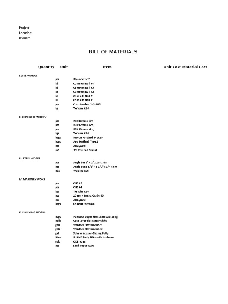 Bill of Material Sample For Residential | PDF | Paint | Building Materials