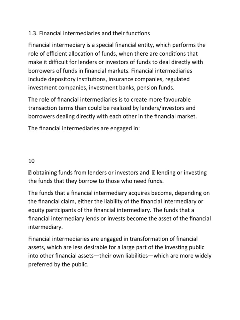 Financial Intermediaries and Their Functions | PDF