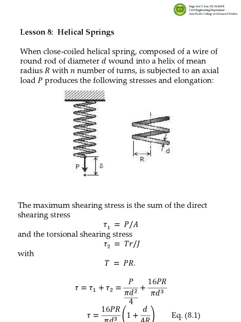 Helical Spring Stress and Elongation Formulas | PDF | Helix ...