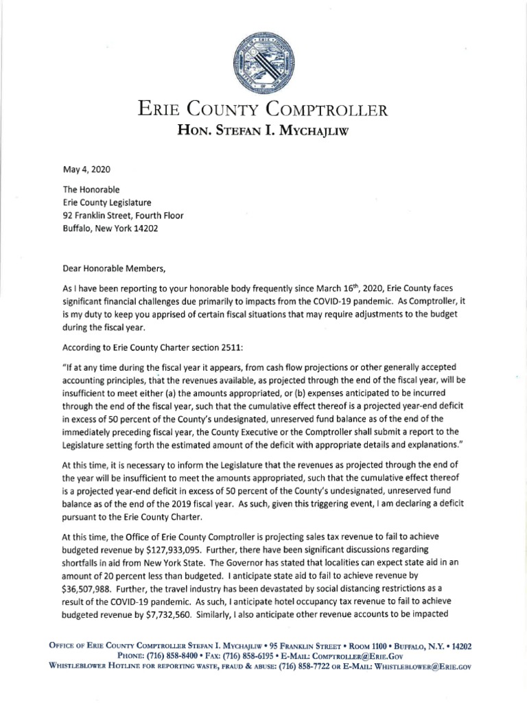 Erie County Comptroller Mychajliw's Deficit Declaration | PDF
