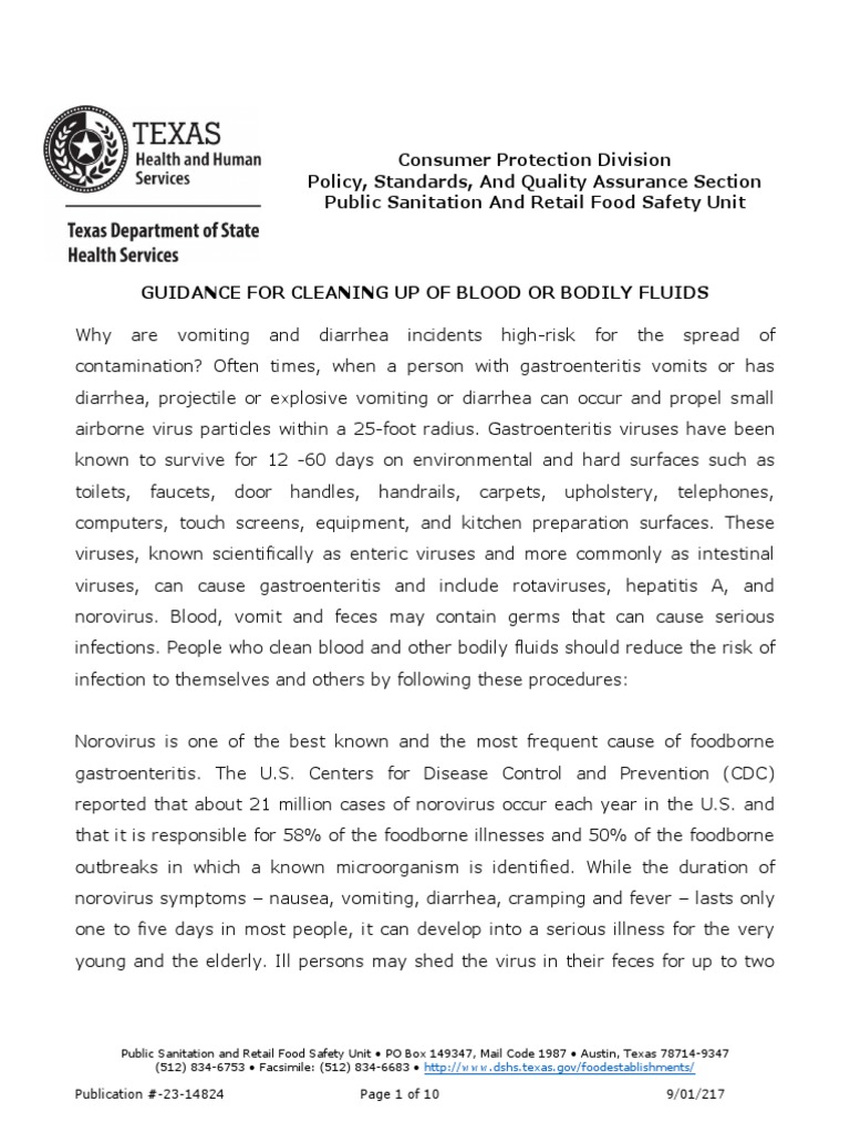 Guidance for Cleaning Bodily Fluids | PDF | Bleach | Foodborne Illness