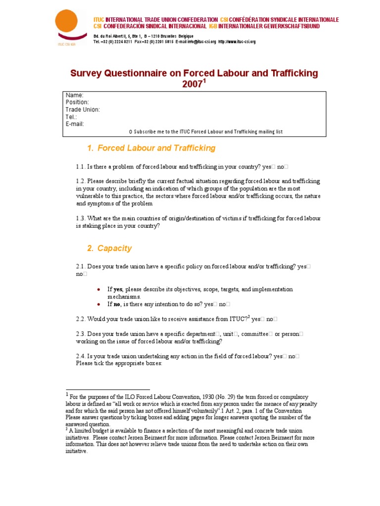 Survey Questionnaire On Forced Labour and Trafficking 2007 | PDF ...