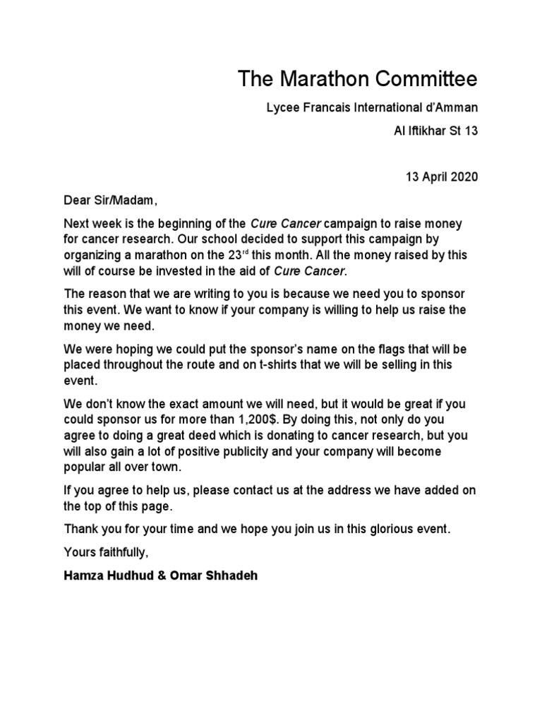 Marathon Sponsorship Request for Cancer Research | PDF