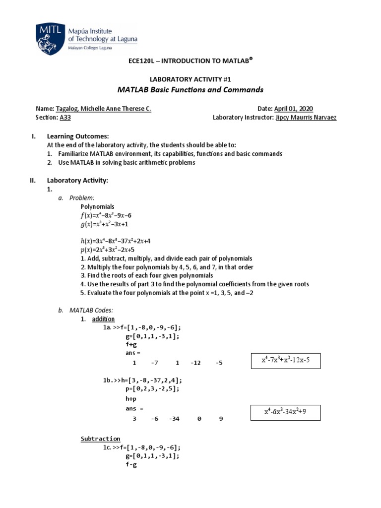 MATLAB Basic Functions and Commands: Ece120L - Introduction To Matlab ...
