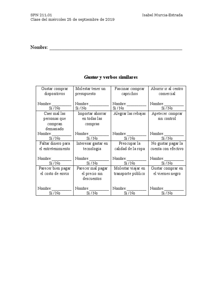 Gustar y Verbos Similares (Bingo) ELE | PDF
