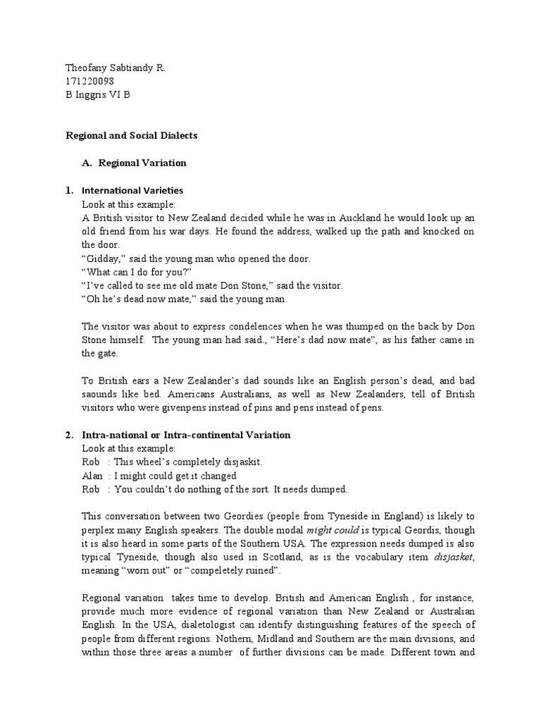 Regional and Social Dialects A. Regional Variation 1. International ...