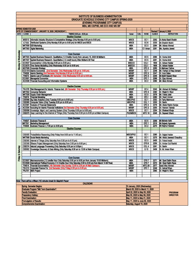 Spring 2020 Course Schedule for the Institute of Business ...