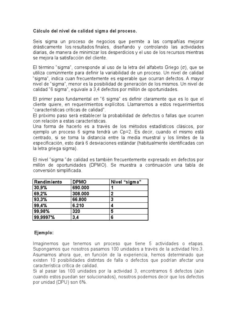 Cálculo Del Nivel de Calidad Sigma Del Proceso. | Descargar gratis PDF ...