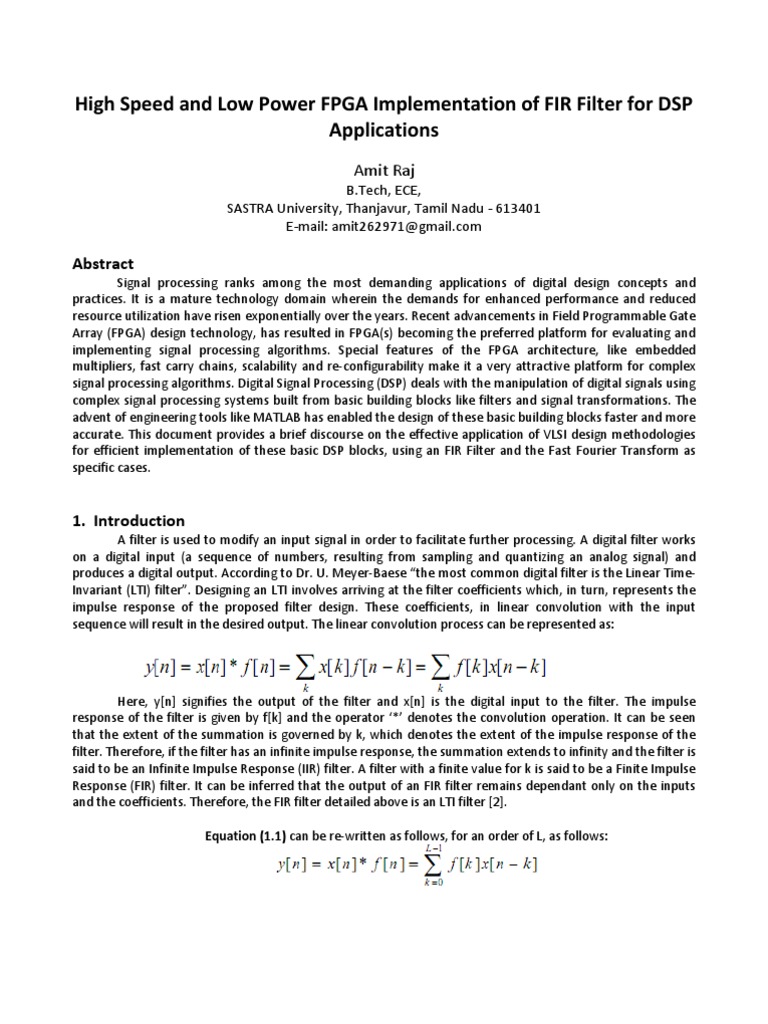 High Speed And Low Power Fpga Implementation Of Fir Filter For Dsp Applications Pdf Digital