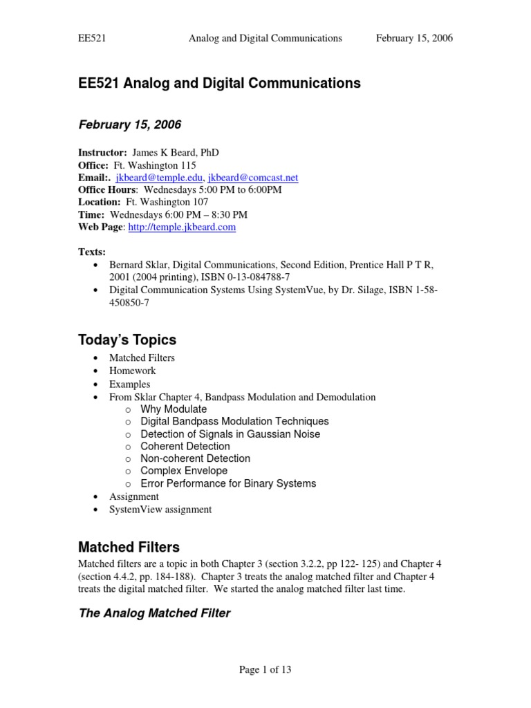 EE521 Analog and Digital Communications: February 15, 2006 | PDF | Modulation | Sampling (Signal ...