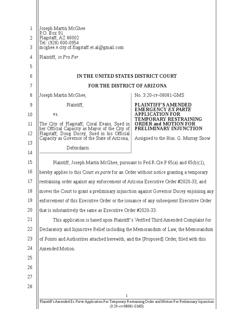 Arizona Temporary Restraining Order Motion | PDF | Injunction | Ex Parte