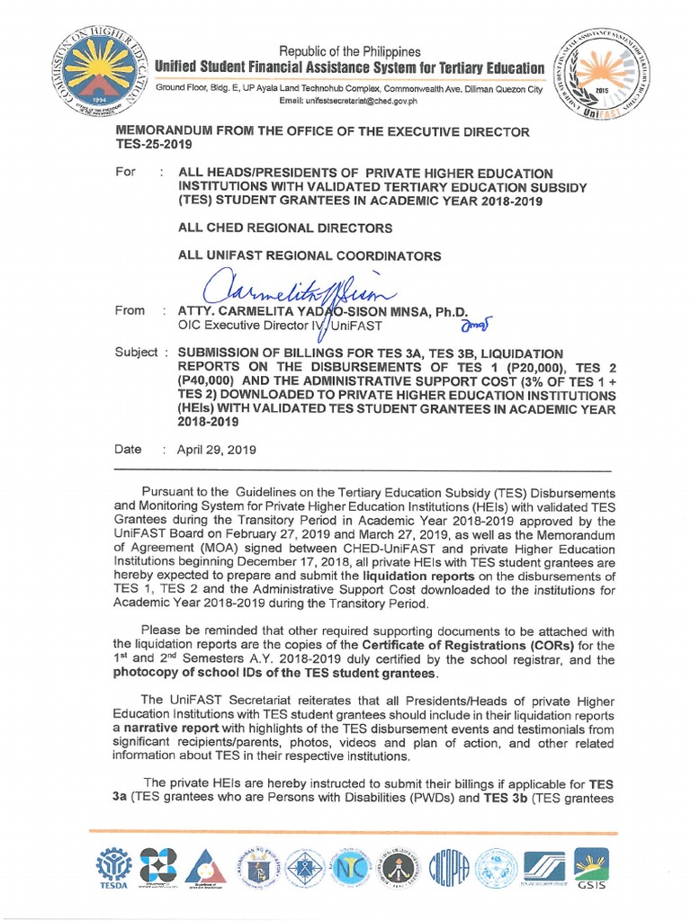 Cover Memo For The Liquidation Reports On TES Disbursemnt and Billing ...