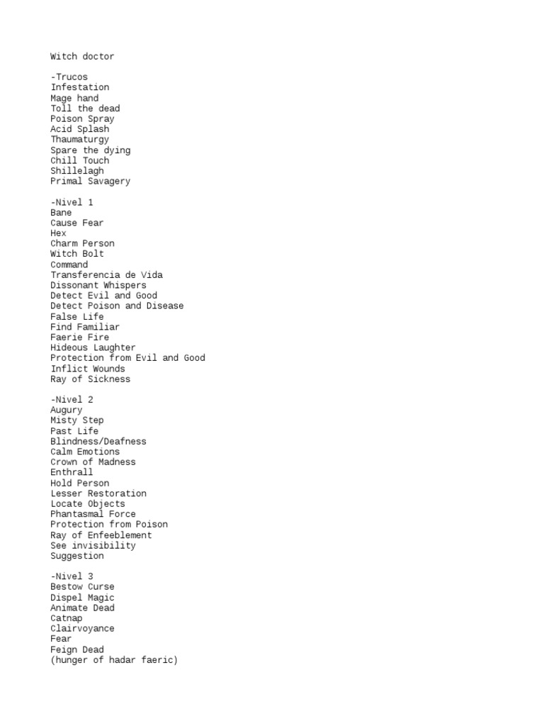 Witch Doctor Spell List | PDF