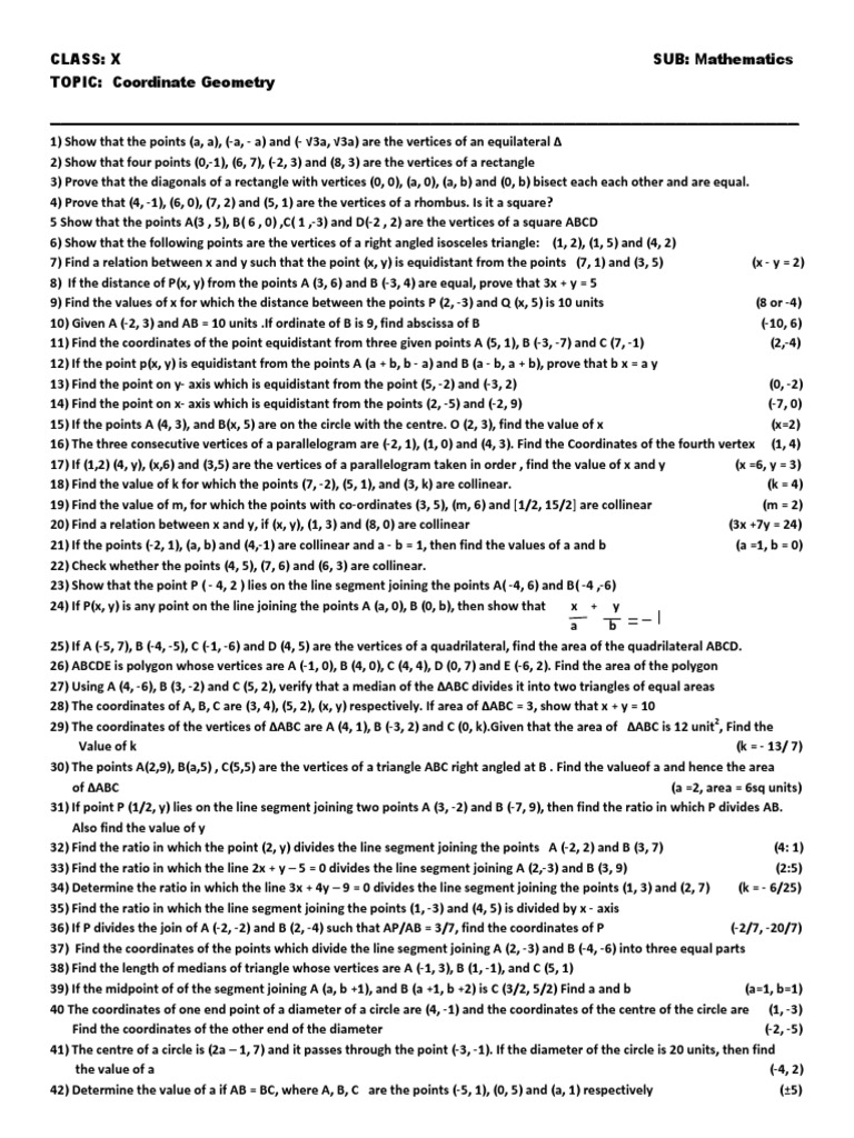 CBSE Class 10 Mathematics Worksheet - Coordinate Geometry | PDF ...