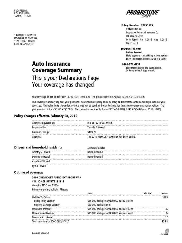 Progressive Auto Insurance Declarations Page | PDF | Health Insurance ...