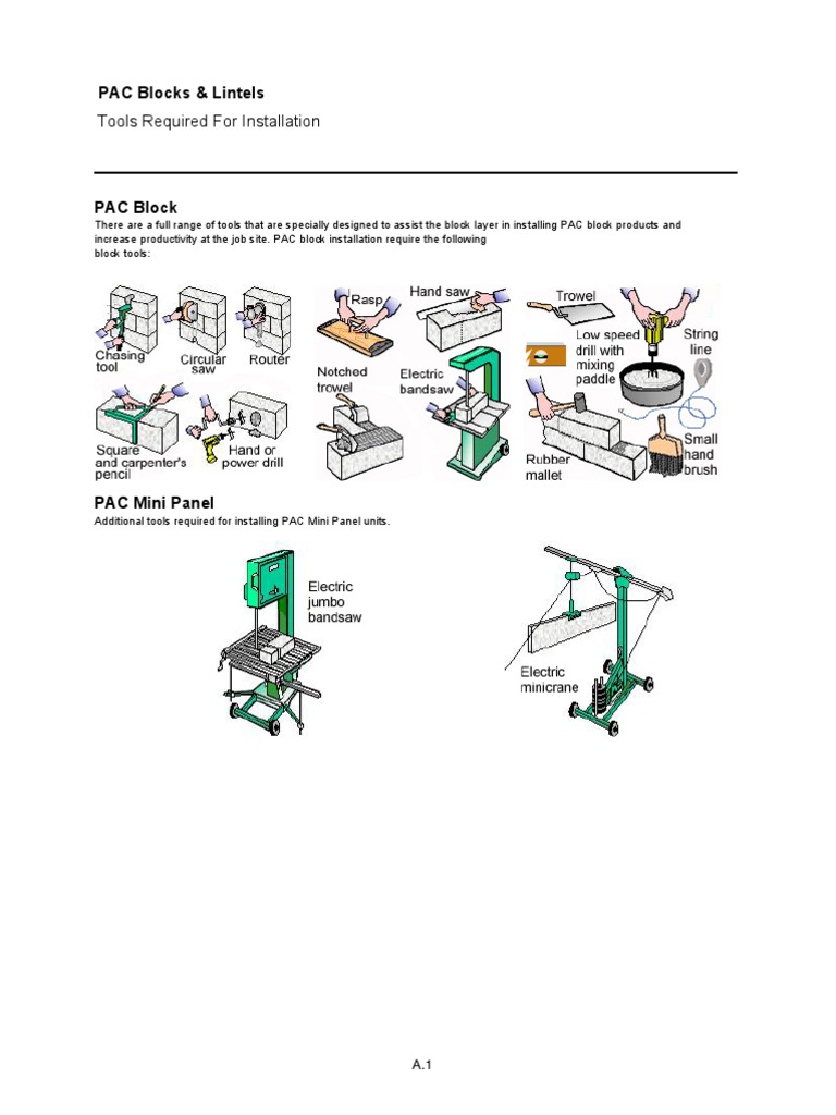 Tools Required For Installation: PAC Blocks & Lintels | PDF | Mortar ...