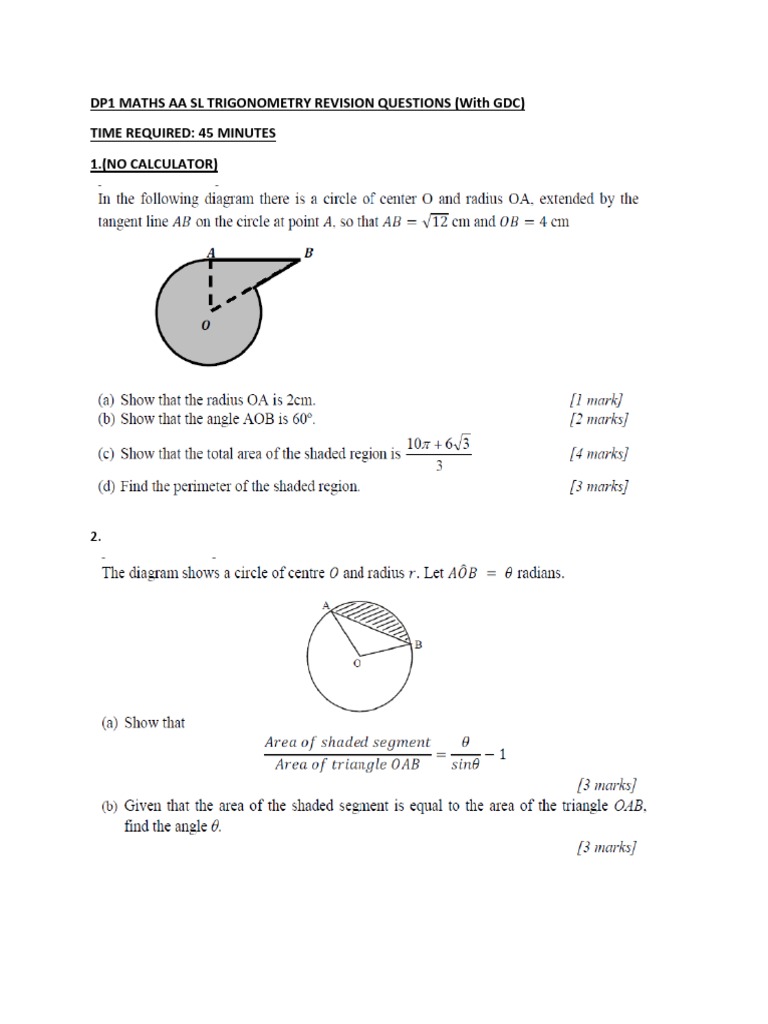 Dp1 Maths Aa SL Trigonometry Revision Questions (With GDC) Time ...