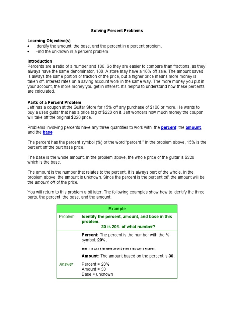 Solving Percent Problems Learning Objective(s) | PDF | Percentage ...