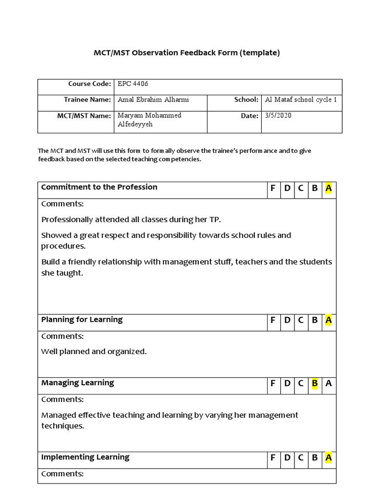 Observation Feedback Form | PDF