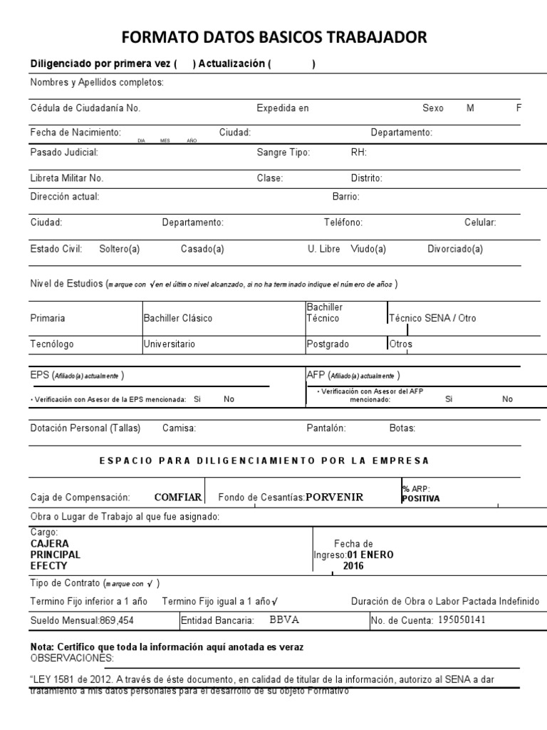 Formato Datos Basicos Trabajador | PDF | Business