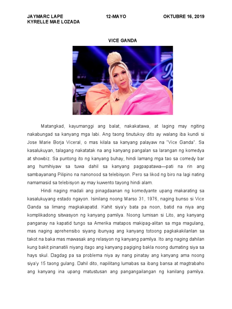 VICE GANDA Filipino Character Sketch | PDF