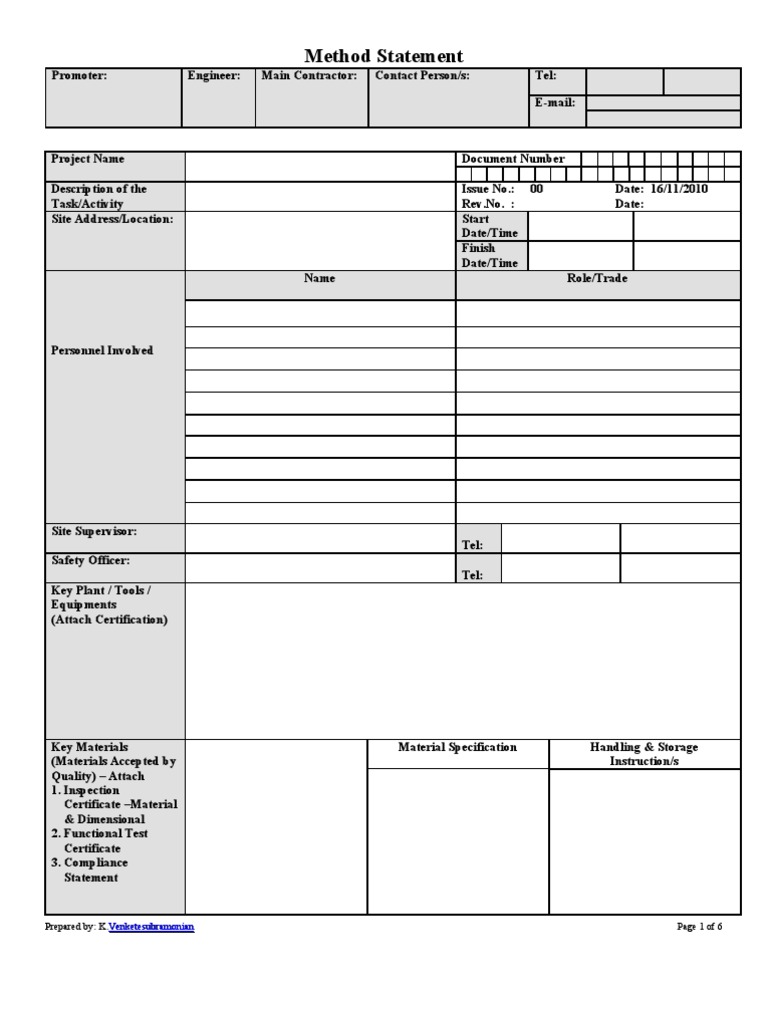 Health And Safety Method Statement Template
