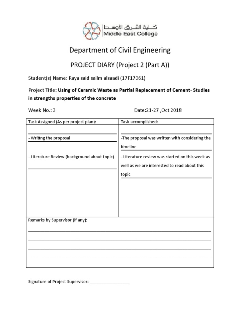 Department of Civil Engineering: PROJECT DIARY (Project 2 (Part A ...