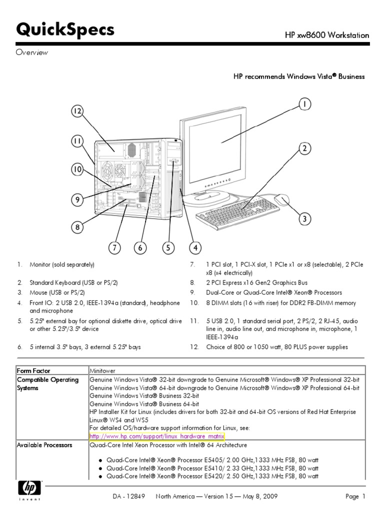 Quickspecs: HP Xw8600 Workstation HP Xw8600 Workstation HP Xw8600 ...