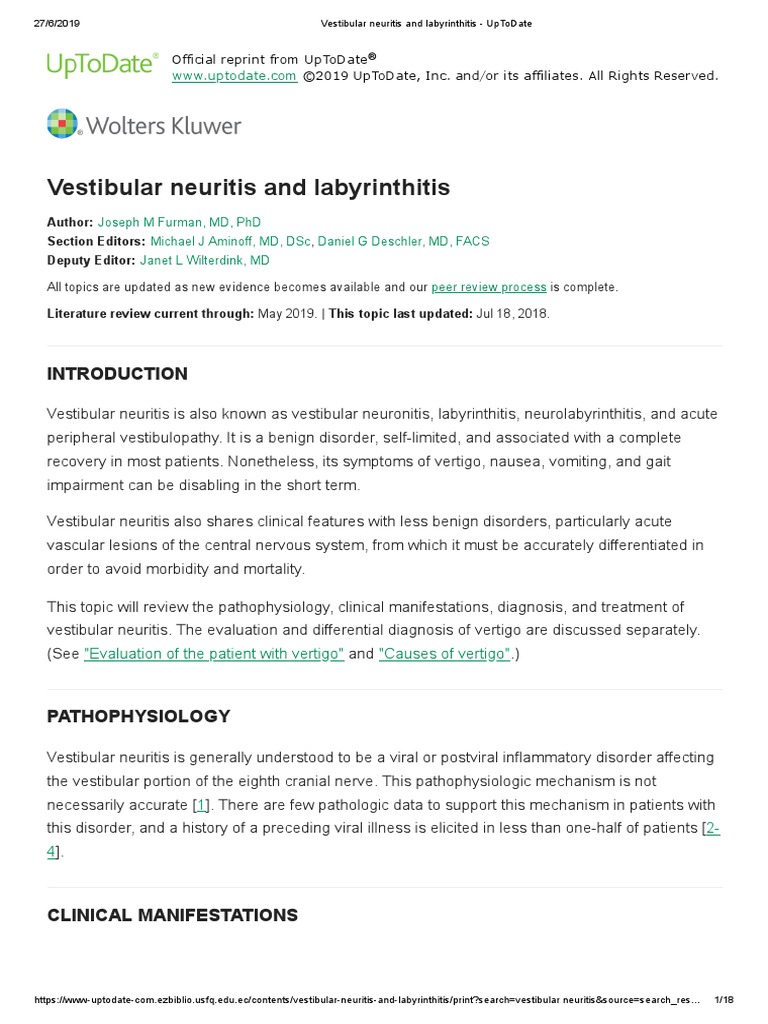 Vestibular Neuritis and Labyrinthitis - UpToDate PDF | PDF | Vertigo ...